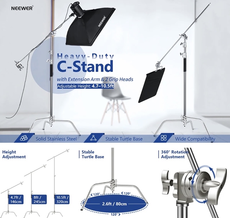 Neewer C Stand, Pure Metal Max Height 11ft/331cm Adjustable Reflector ...