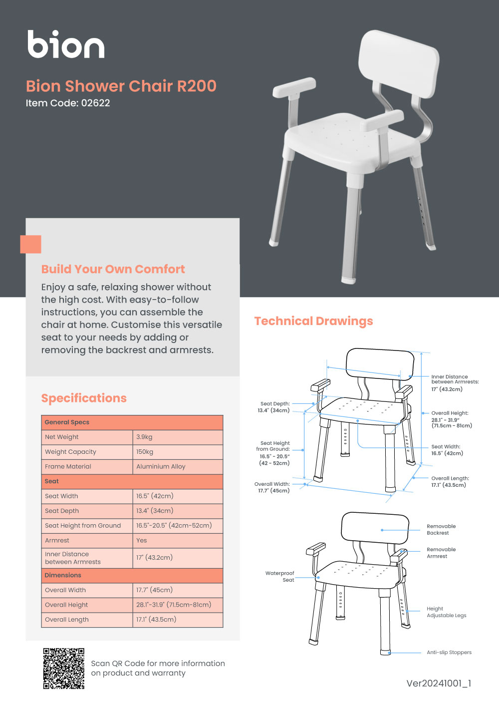 [New Arrival] Bion Shower Chair R200 | Tool included Chair for Shower ...