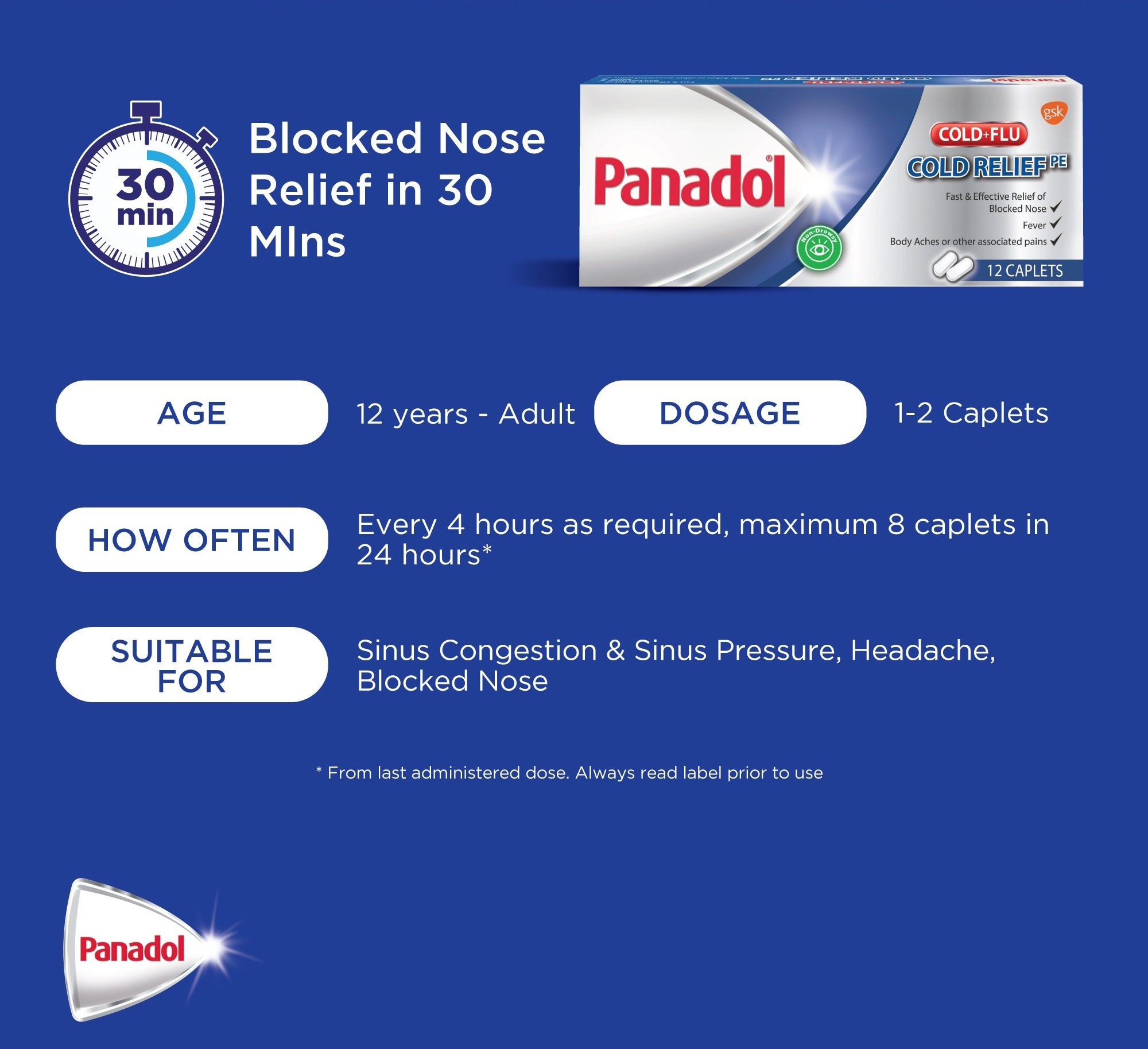 PANADOL Cold Relief PE, Fast & Effective Relief for: Blocked Nose, Cold ...
