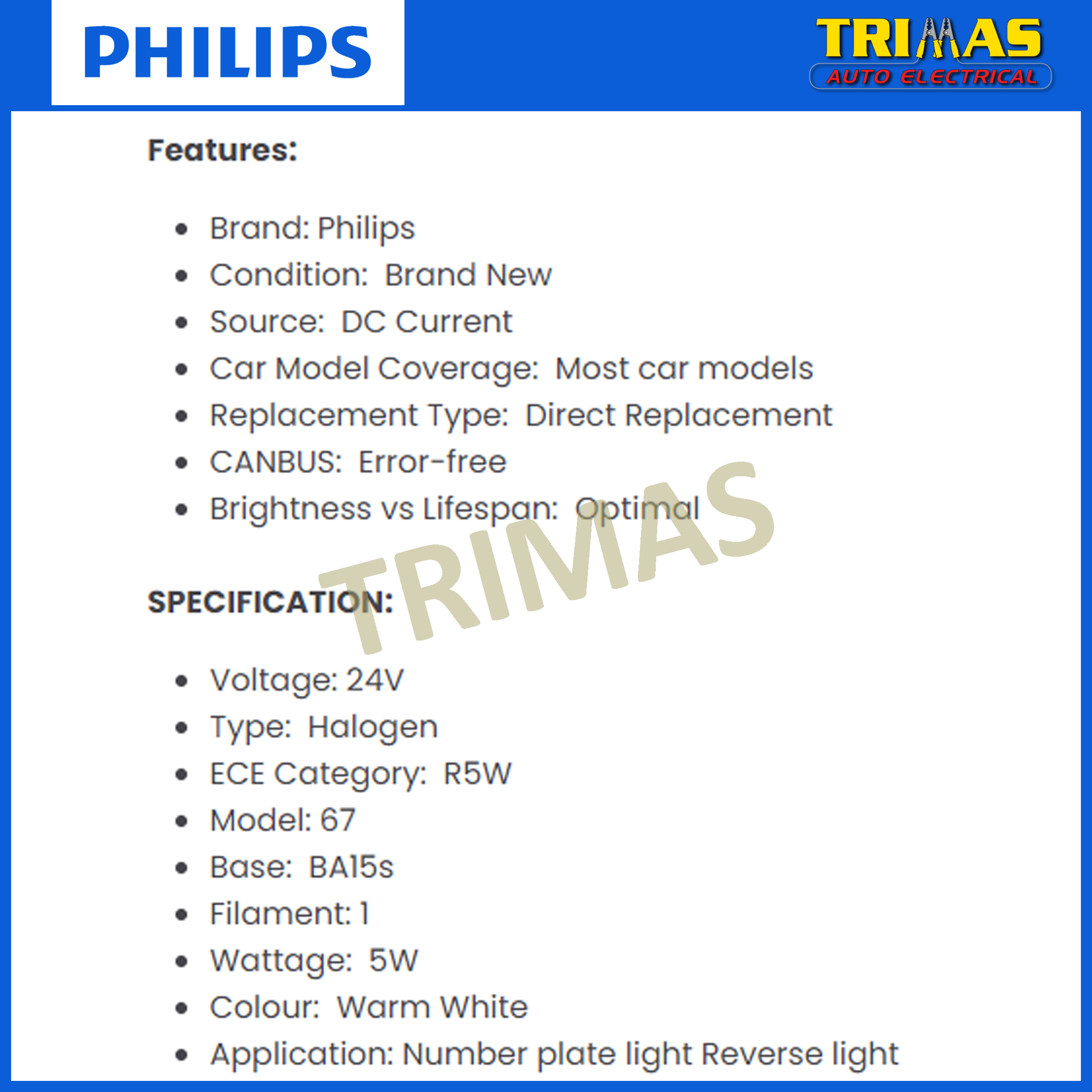 13814 Original Philips R10W 10W 24V License Plate Bulb (1PC) | Shopee ...
