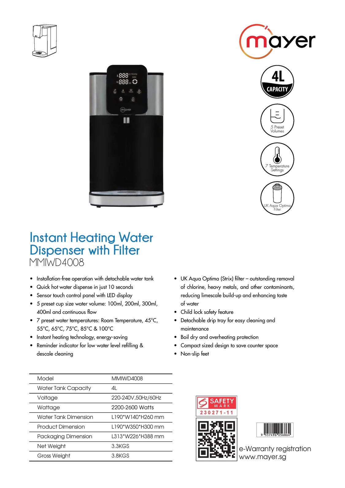 Mayer Instant Heating Water Dispenser with Filter MMIWD4008 (1 Year ...