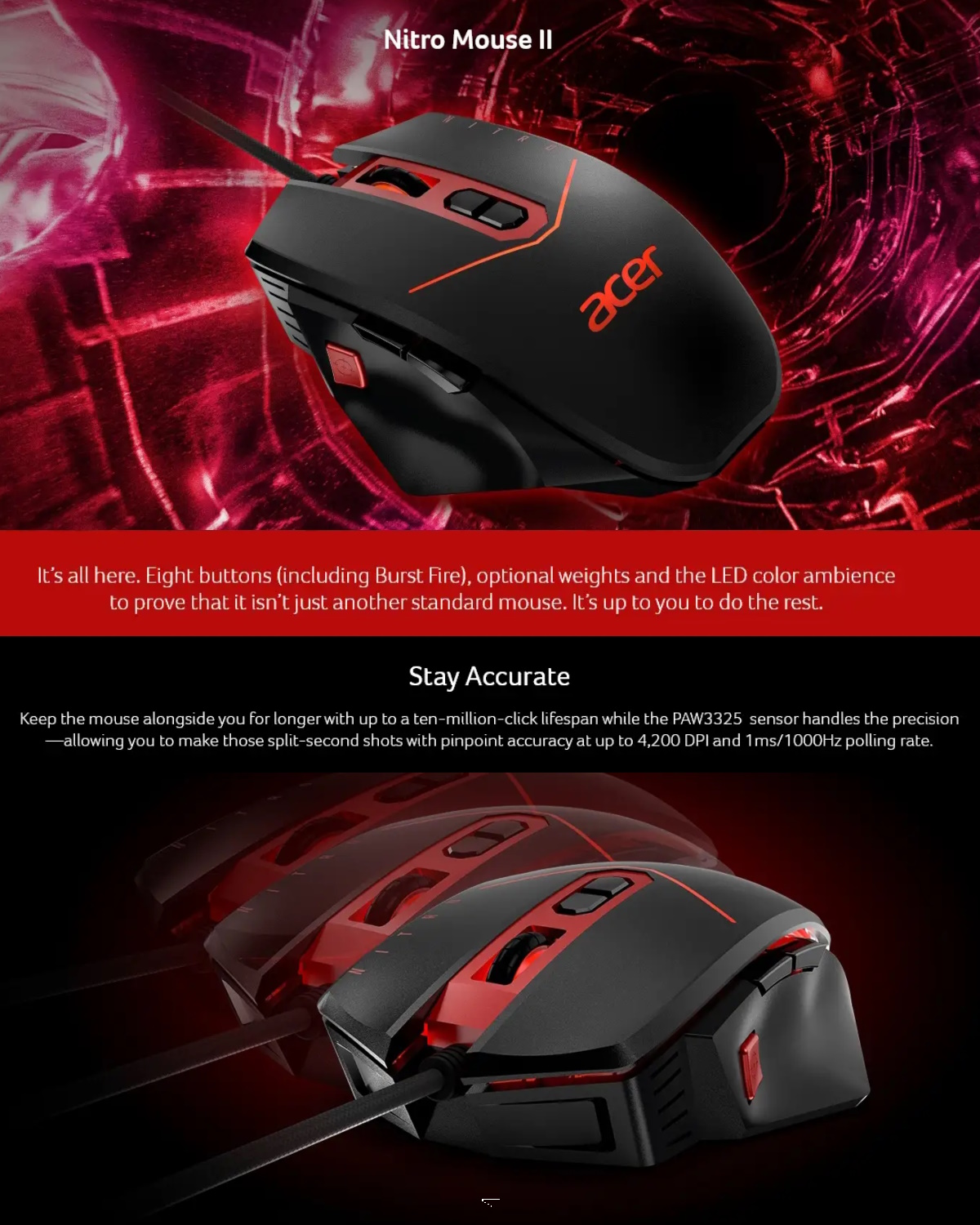 Nitro Gaming Mouse II with PAW3325 Sensor, Adjustable DPI (NMW120 ...