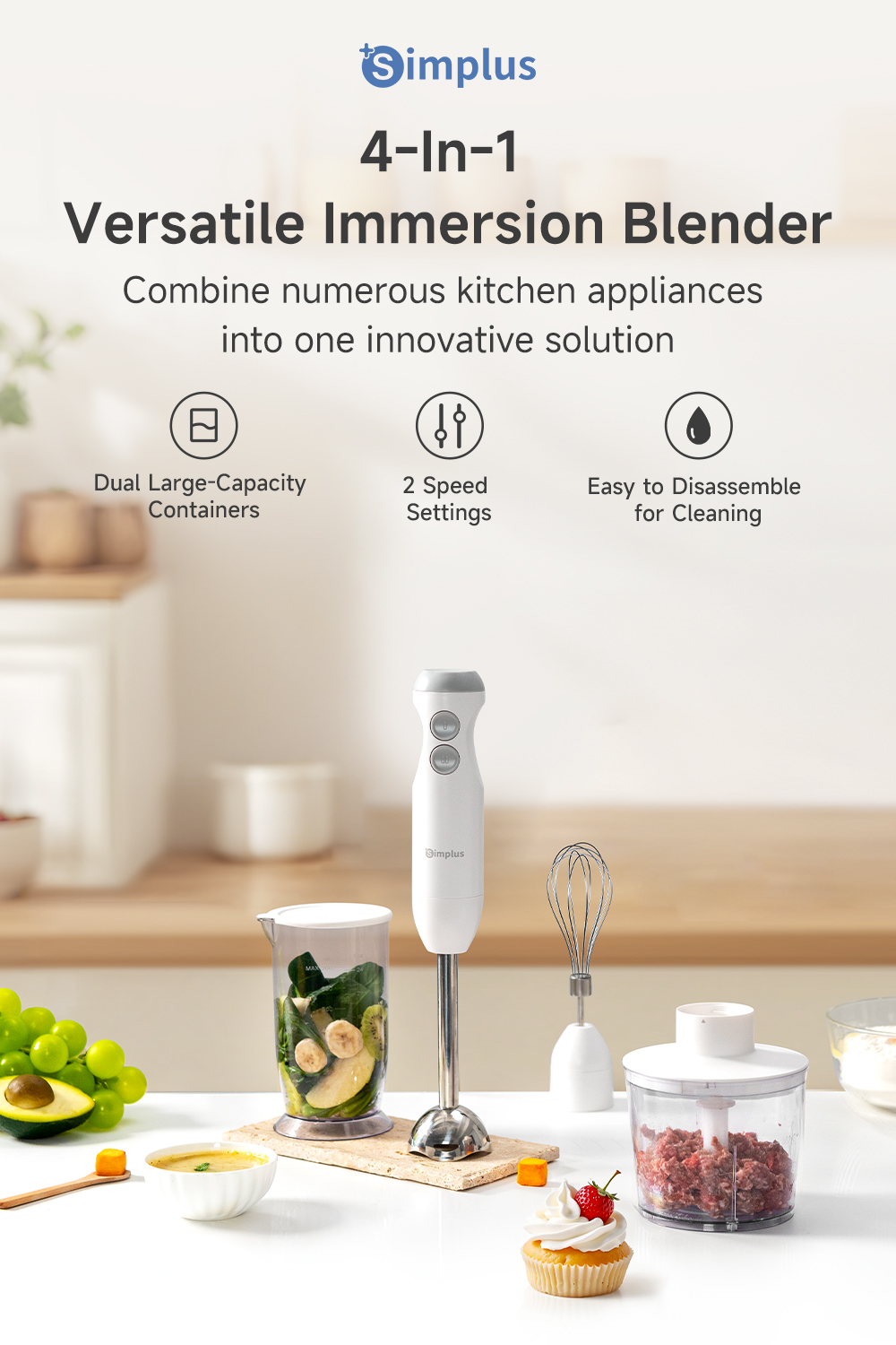 Inssa Handheld Immersion Blender丨4-In-1 Hand Blender丨Two Large Jugs丨Stainless Steel Blades丨2 ...