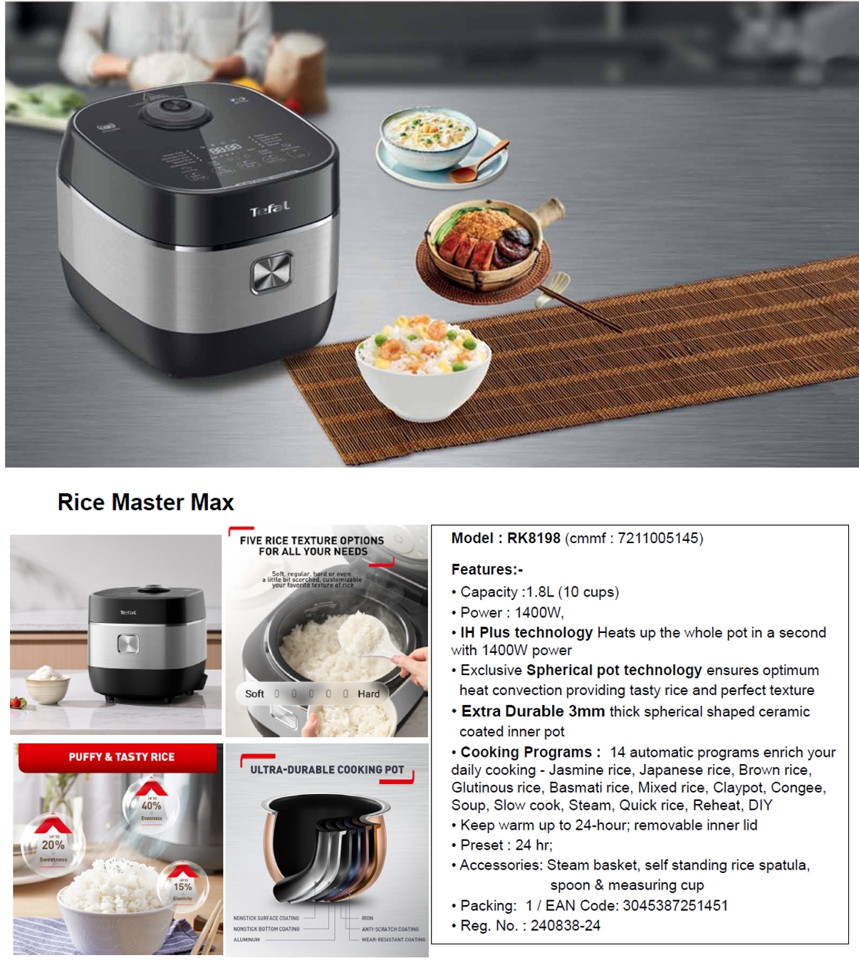 Tefal RK8198 Master Max Rice Cooker 1.8L | Shopee Singapore