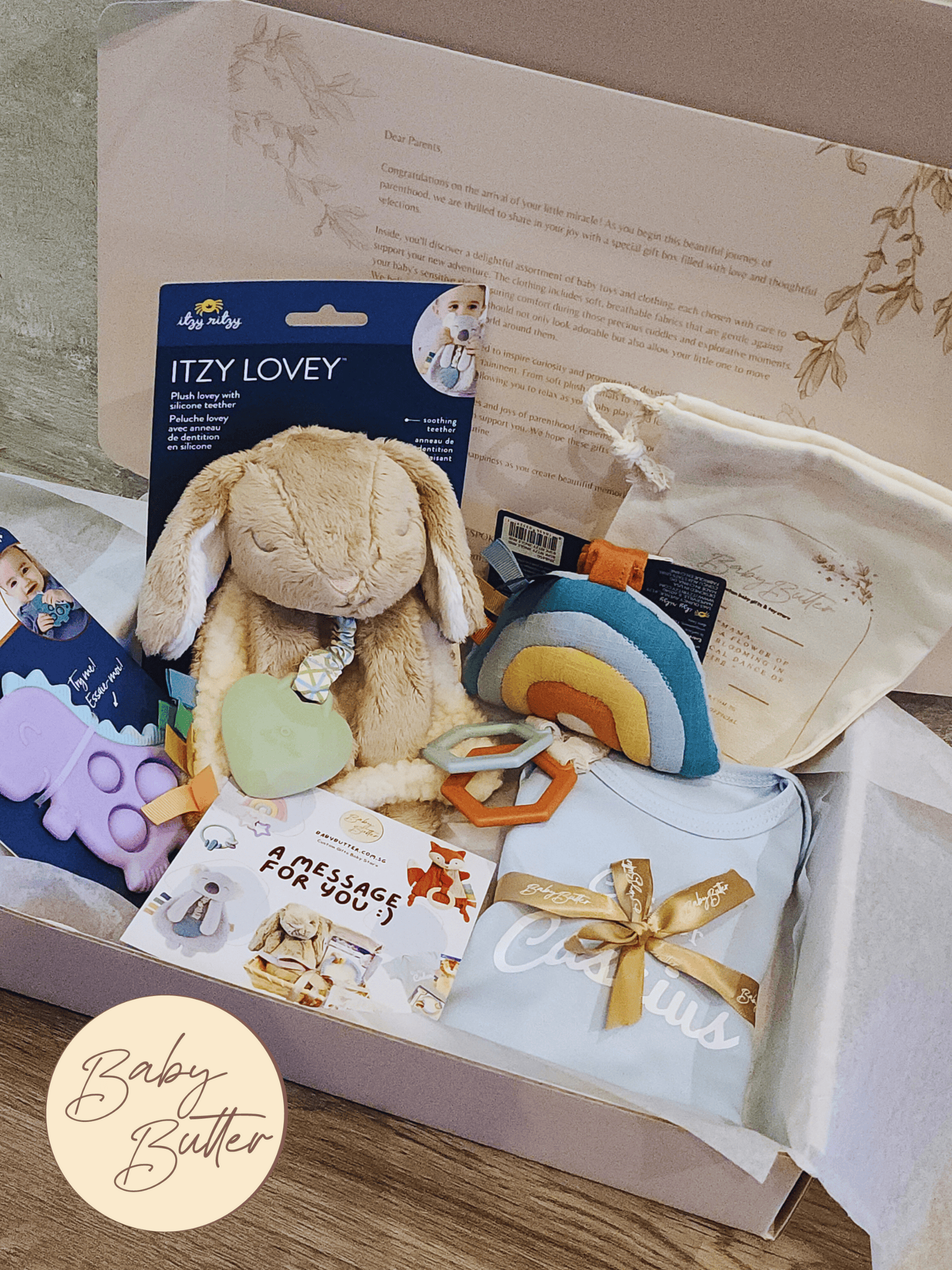 CUSTOM BABY GIFT HAMPER Personalised Rompers + Toys + Message Card ...