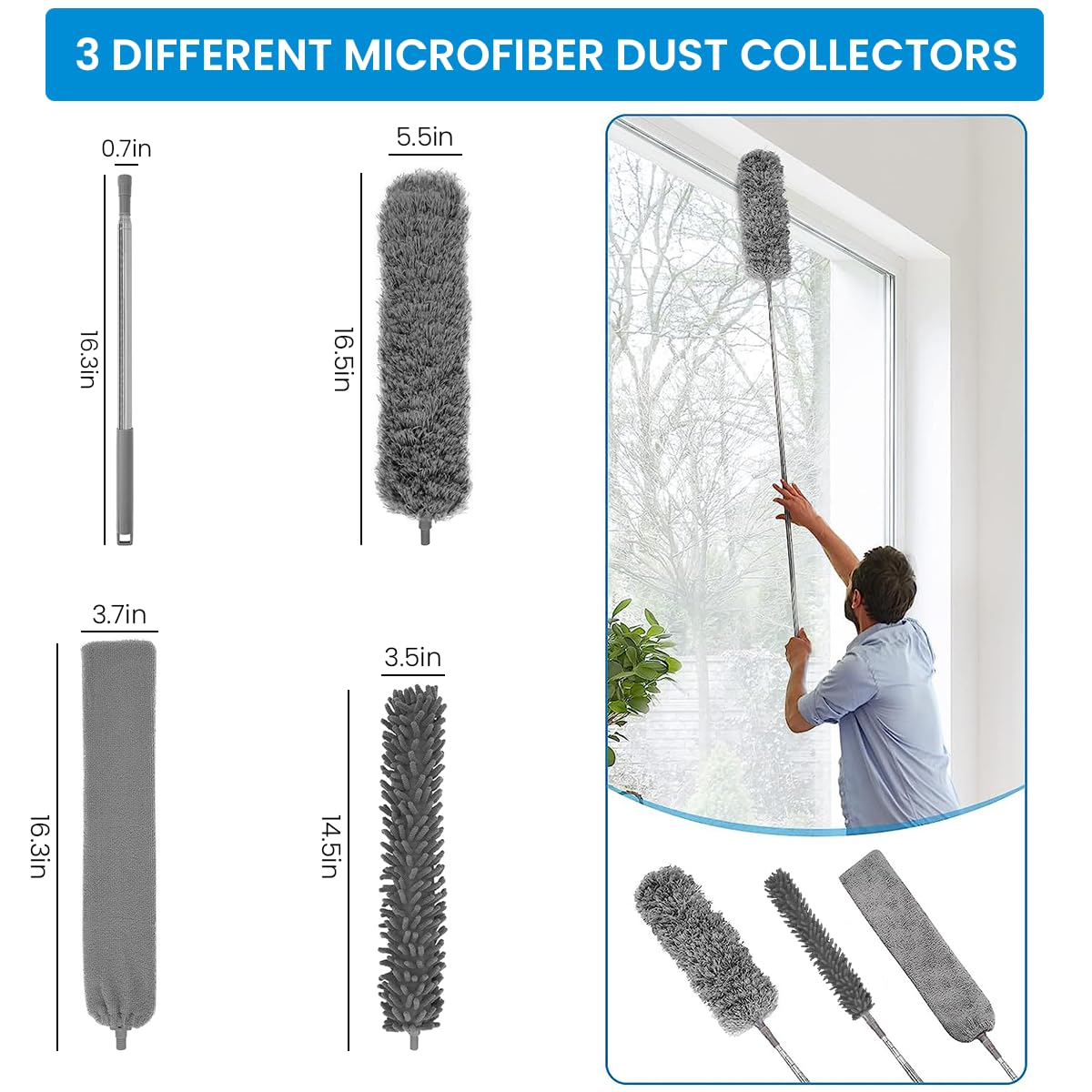 3 in 1 Microfiber Duster Set with Bendable Heads and Extendable Handle ...