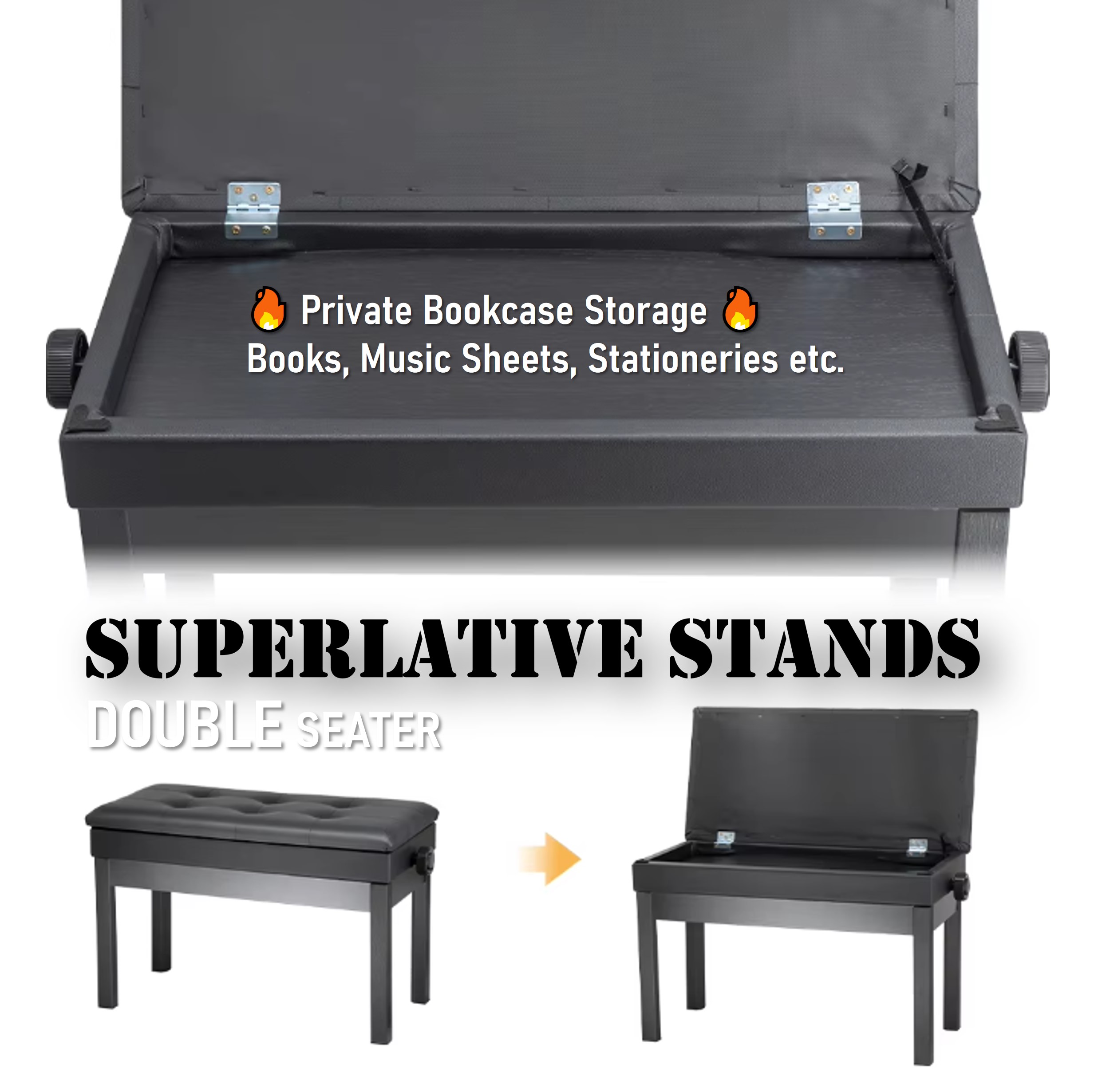 Double Piano Bench Dual Seater Keyboard Music Stool Height Adjustable ...