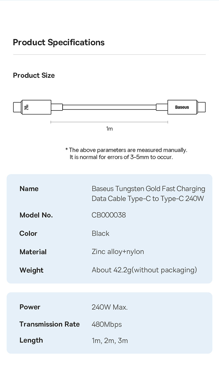 Baseus Fast Charging Data Cable Type-C to Type-C 240W PD3.1 480Mbps For ...
