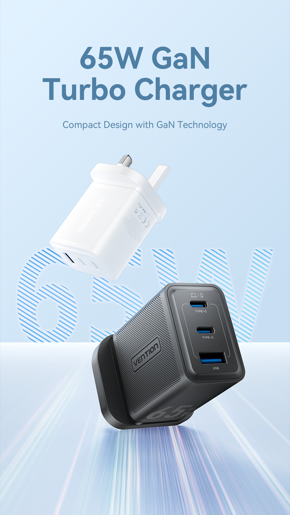 Vention 65W GaN Charger UK Plug 3 Ports Turbo Charging Power Adapter ...