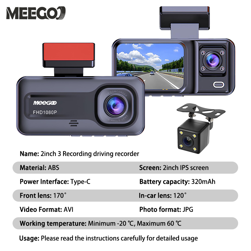 MeeGoo 2 inch Dash Cam 170° Wide Angle Night Vision 3 Lens Car Recorder ...