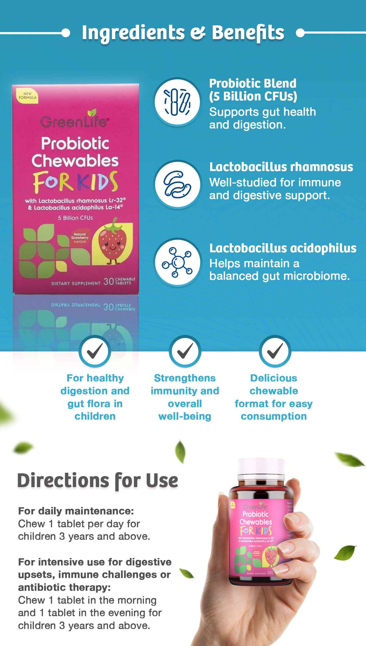 [Bundle of 3] GreenLife Probiotic Chewables for Kids 5B CFU 30 Chewable ...