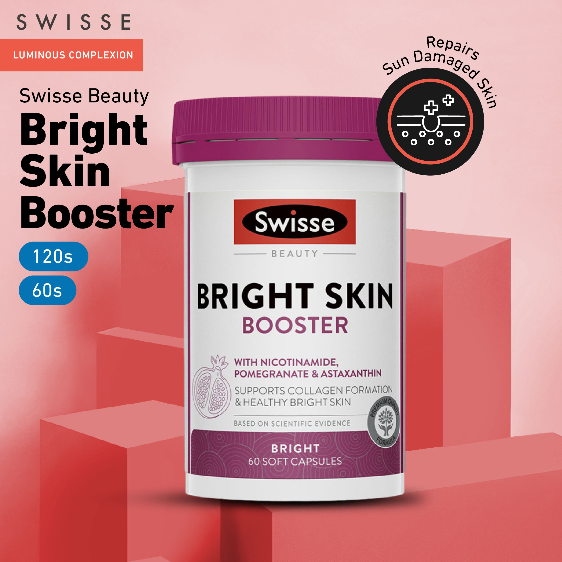 Swisse Beauty Bright Skin Booster, 60 /120 Soft Capsules (Collagen ...