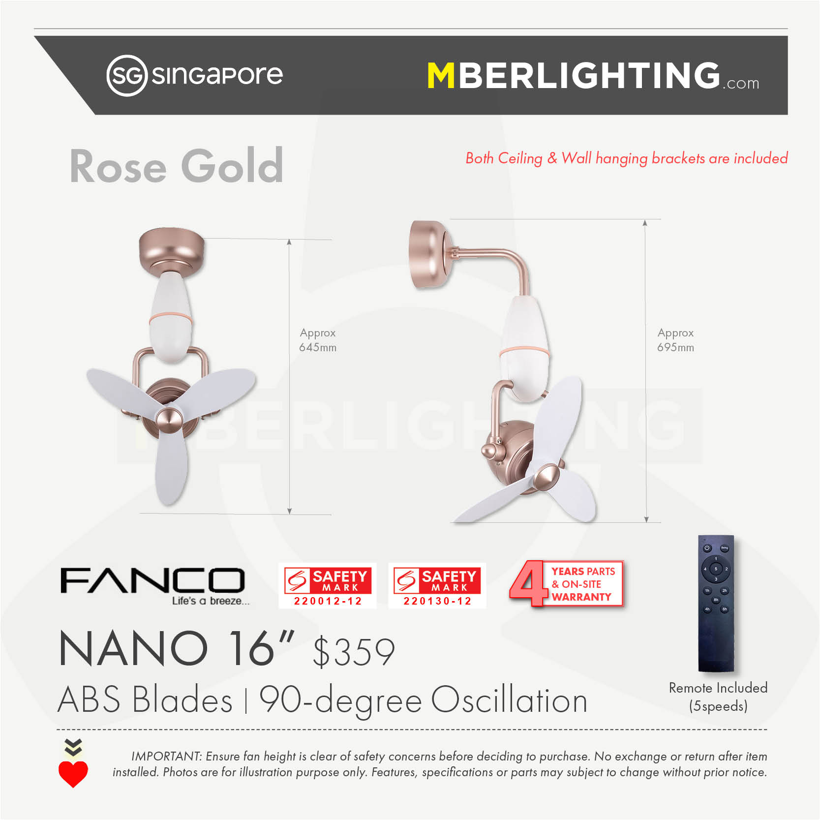 FANCO Dono 16"Corner Fan: Ceiling & Wall Mounting Options with Remote ...