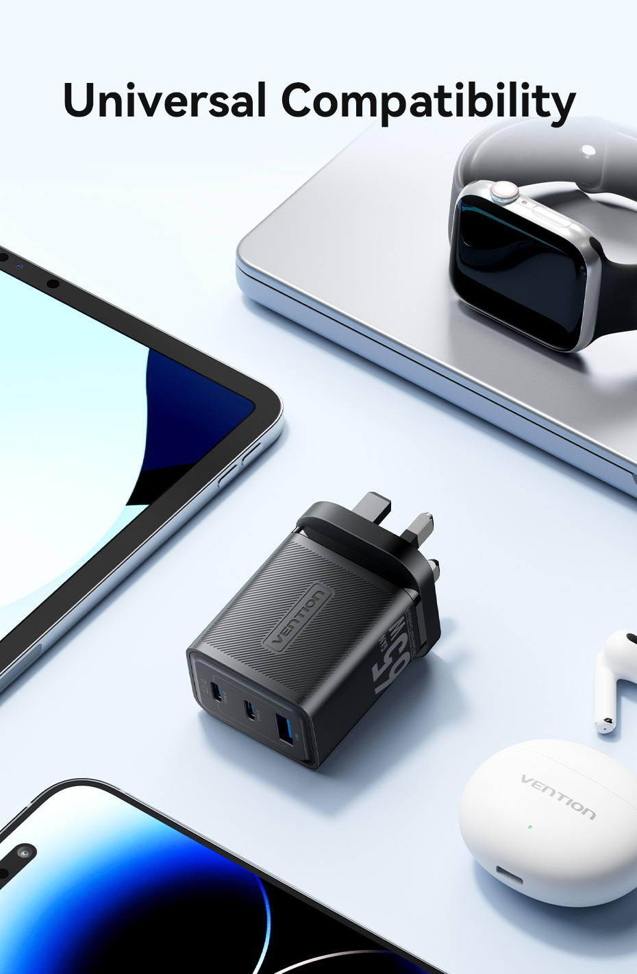 Vention 65W GaN Charger UK Plug 3 Ports Turbo Charging Power Adapter ...