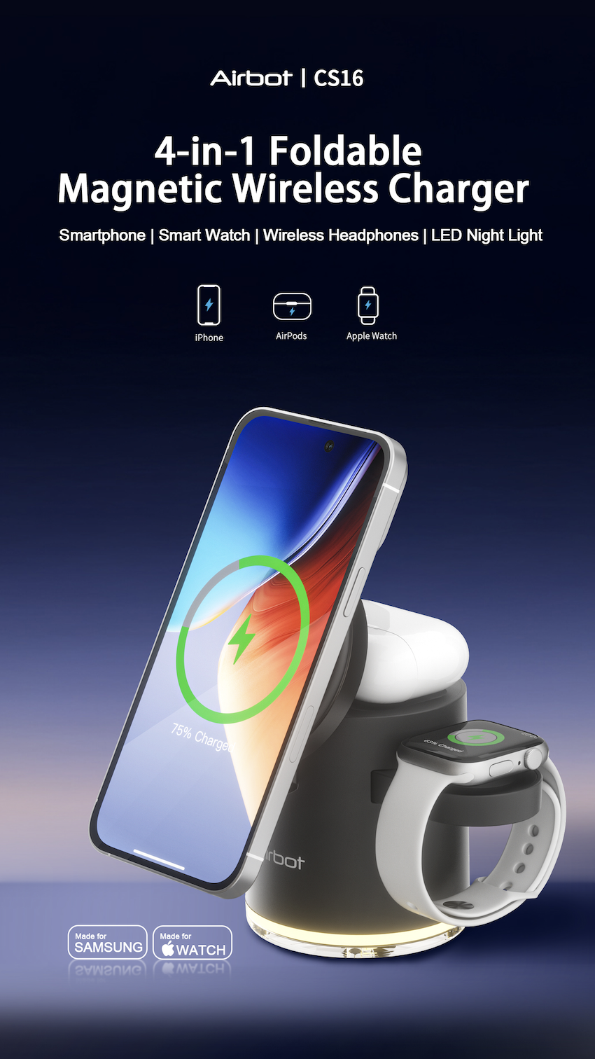 Airbot CS16 Qi Wireless Charging Station, 4 in 1 Charging Stand for ...