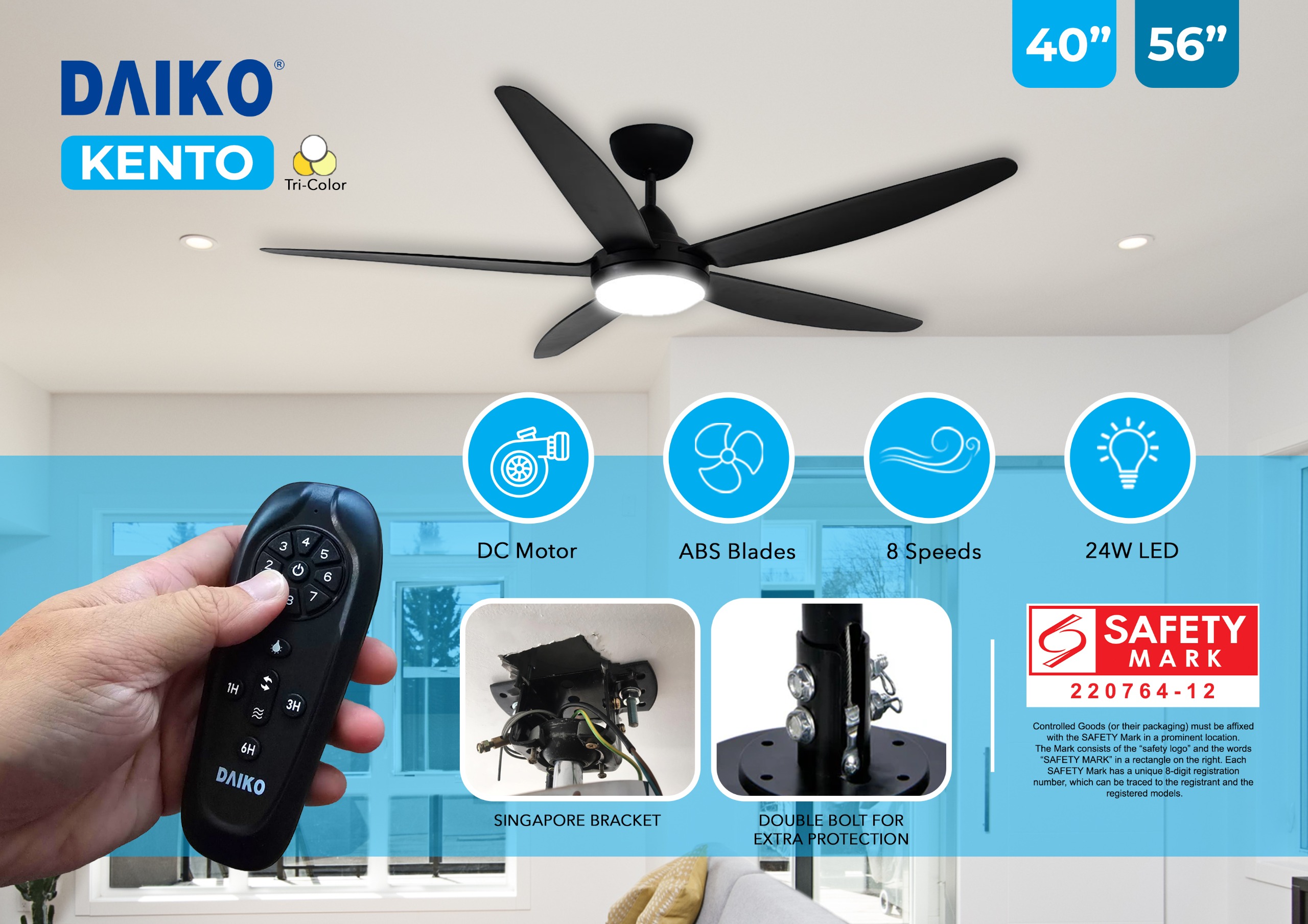 [FREE INSTALLATION] DAIKO DC Kento 40"/56" ceiling fan (with 24W Tri ...