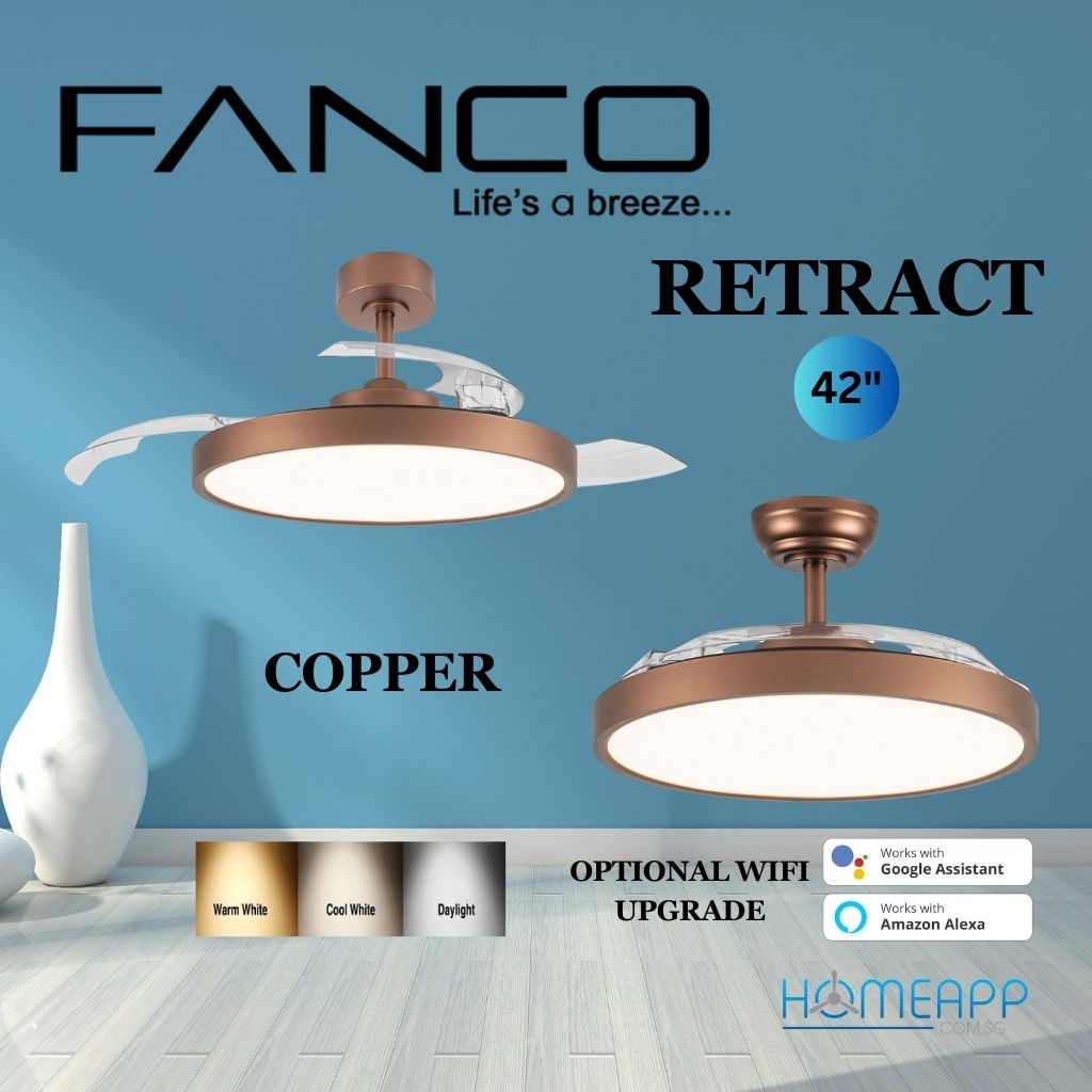 Fanco RETRACT Ceiling fan 42 inch retractable blades with 40W dimmable ...