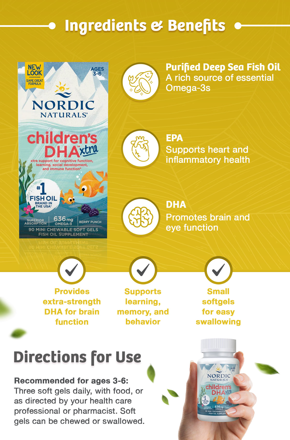 Nordic Naturals Children's DHA Xtra 636mg Omega 3 90 Mini Softgels - For Brain Development and ...