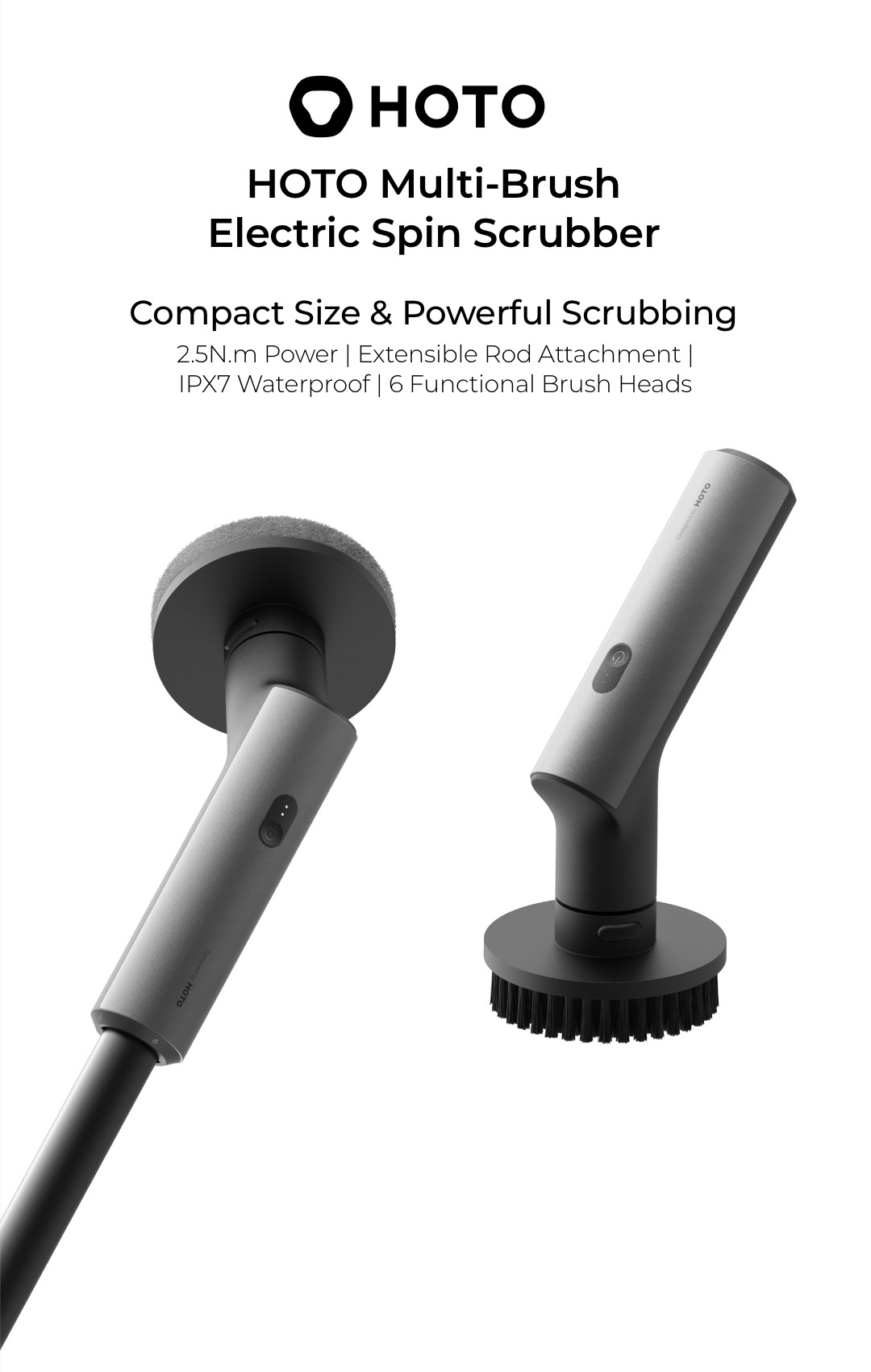 HOTO Multi-Brush Electric Spin Scrubber - Dual Speed, Multi Brushes, Extendable, IPX7, 4000mAh ...