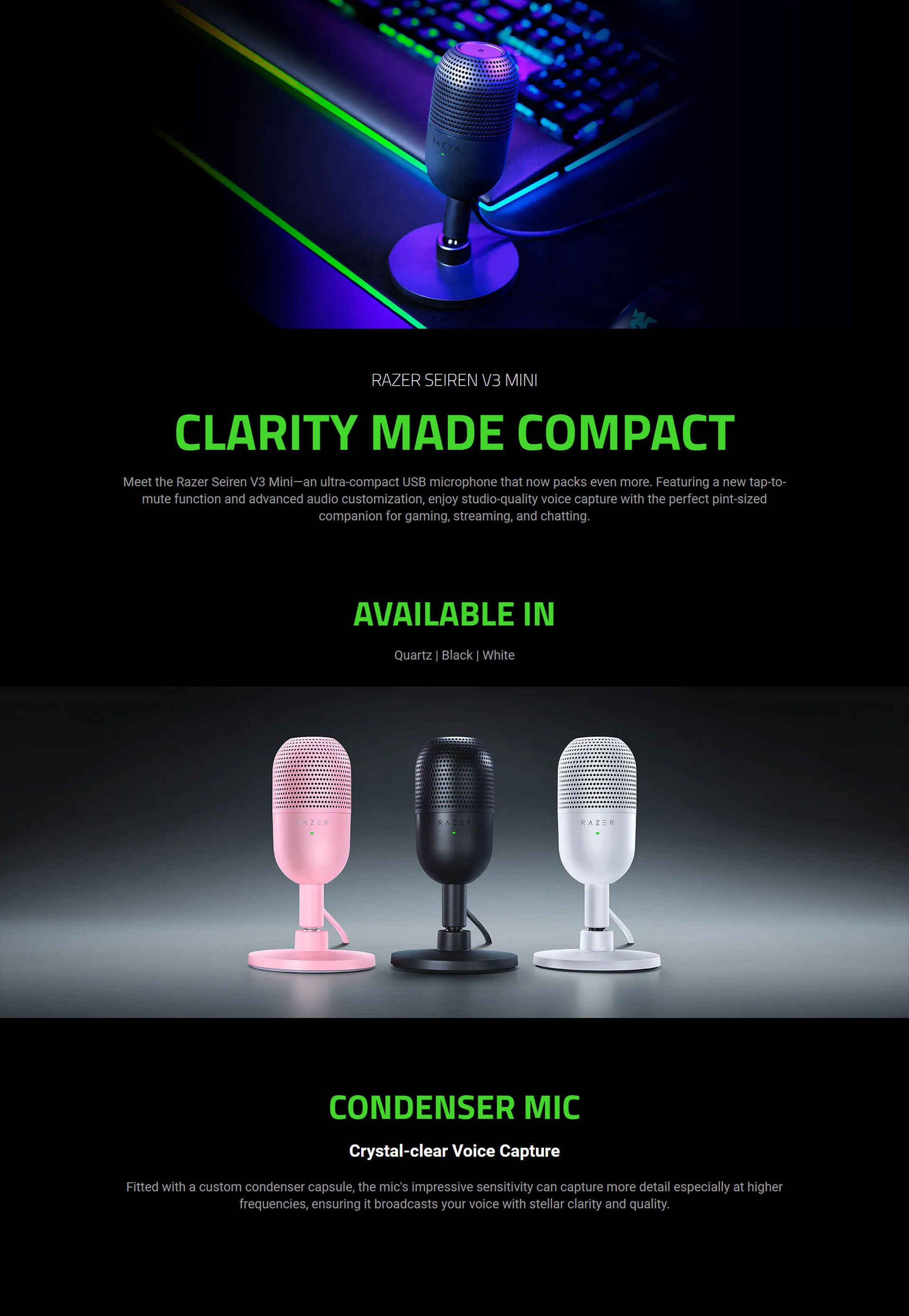 Razer Seiren V3 Mini Ultra-Compact USB Mic (Black/White/Quartz ...