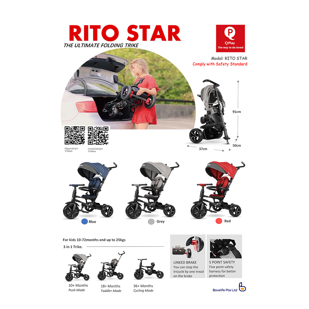 QPlay Rito 3-in-1/Rito Star Easy Foldable Tricycle (10 - 36 Months ...