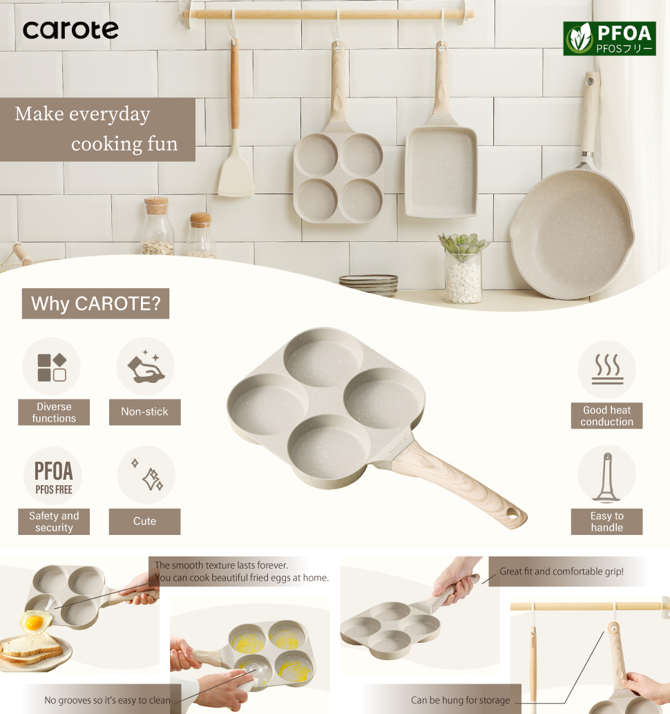 [CAROTE] 4-Hole Egg Frying Pan – Non-Stick Breakfast Pan with Divider ...