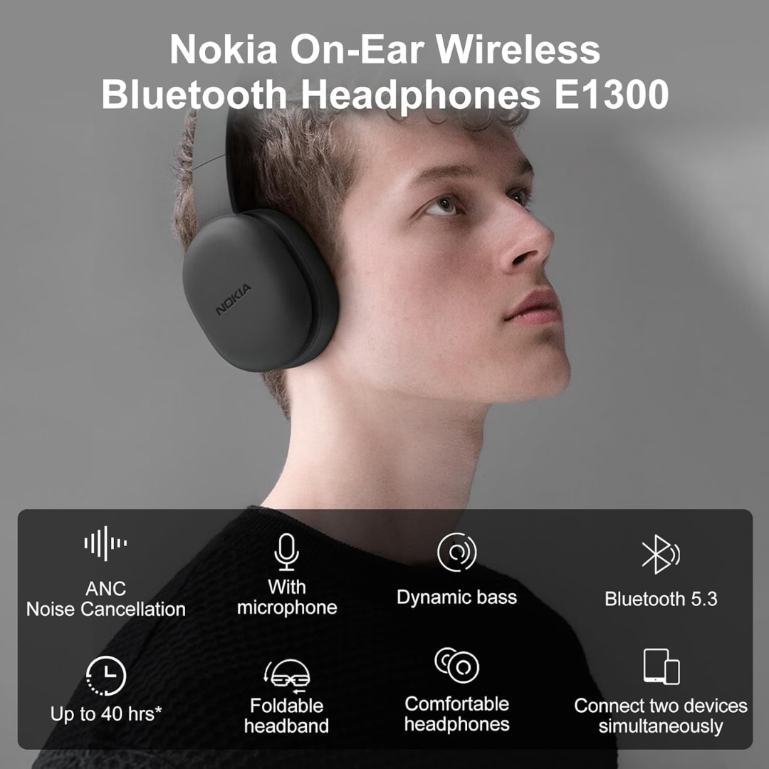 Nokia E1300 Wireless Bluetooth 5.3 On-Ear Headphones, Pair Two Devices ...