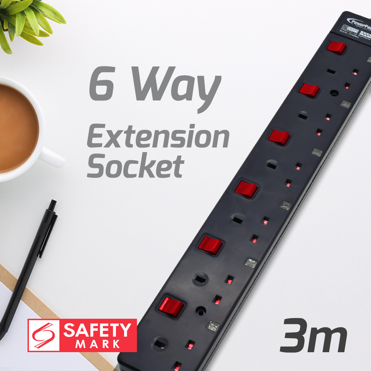 PowerPac Extension Socket, Extension Cord 6 Way 3 meter with 2-pin ...