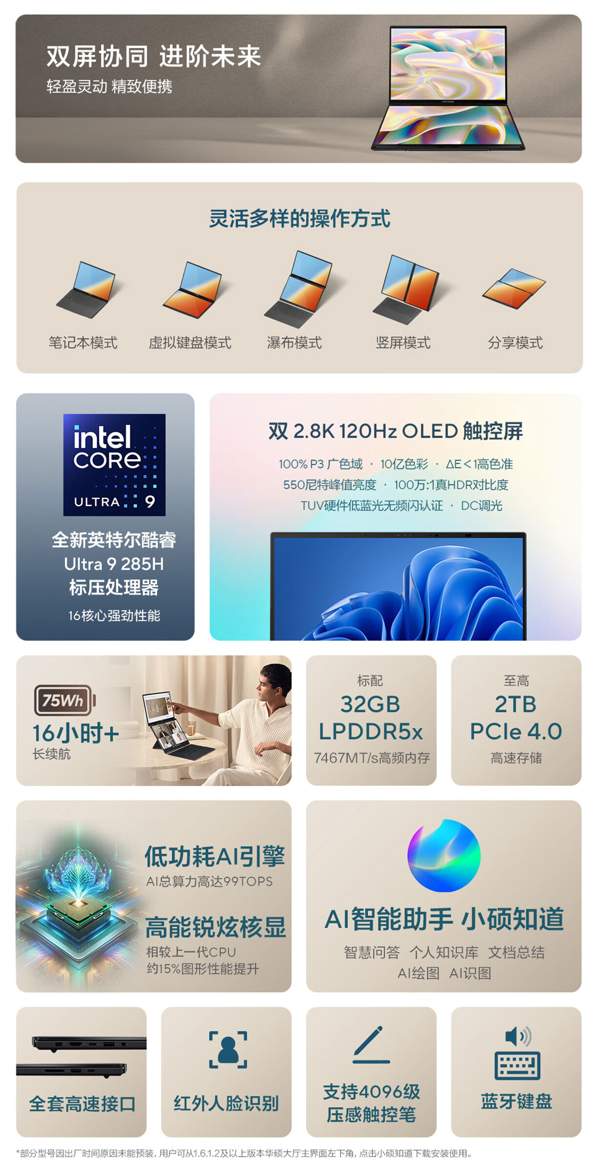 2025 ASUS Zenbook 14 Duo UX8406 Intel Core Ultra 9 285H 14" 2.8K 120 Hz ...