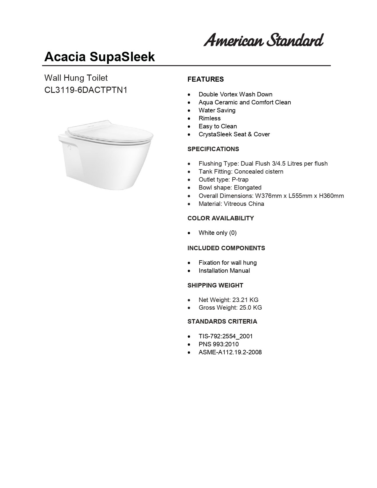 American Standard Acacia Supasleek Wall Hung Toilet Bowl with Seat ...