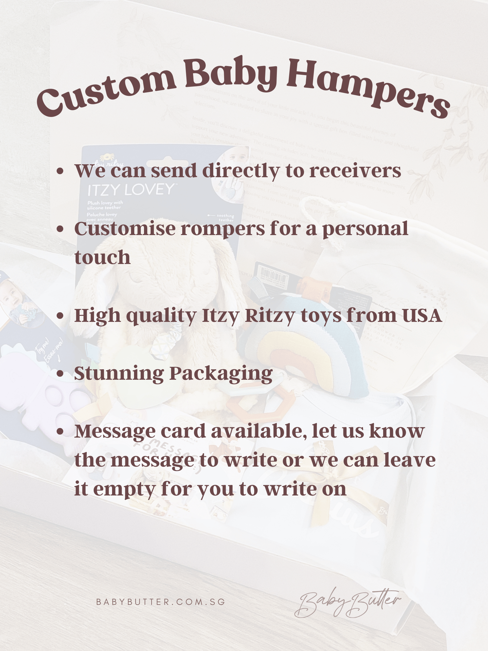 CUSTOM BABY GIFT HAMPER Personalised Rompers + Toys + Message Card ...