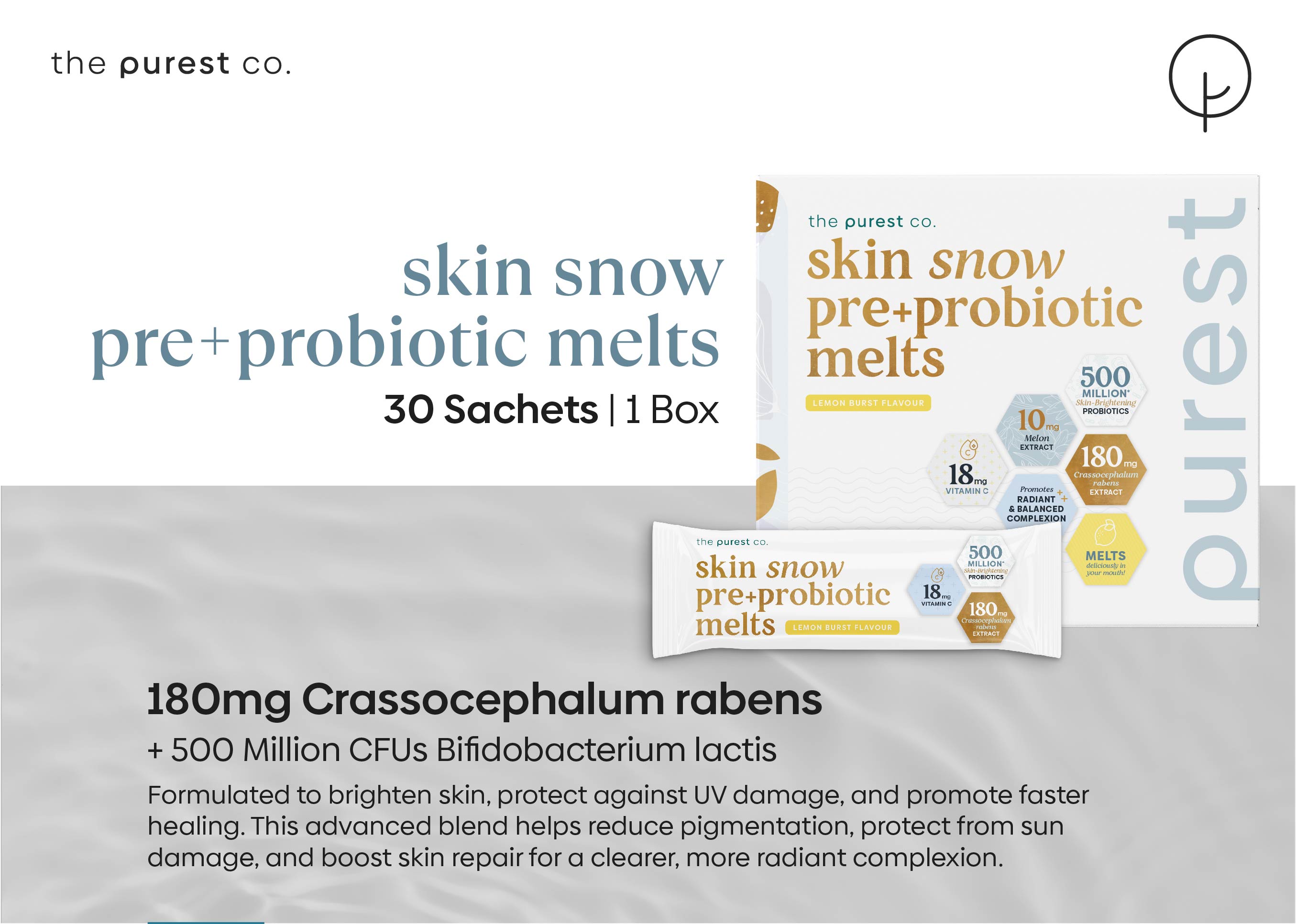 Purest Co Skin Snow Pre+Probiotic Melts (For Bright, Even Skin Tone ...