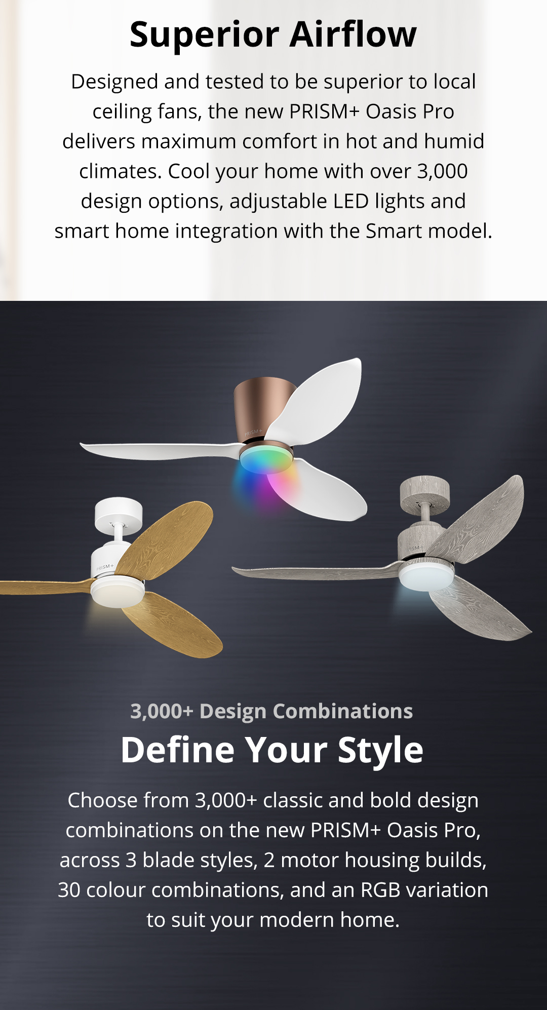 PRISM+ Oasis Pro Ceiling Fan | 3 Blades | Integrated Dimmable Lights ...