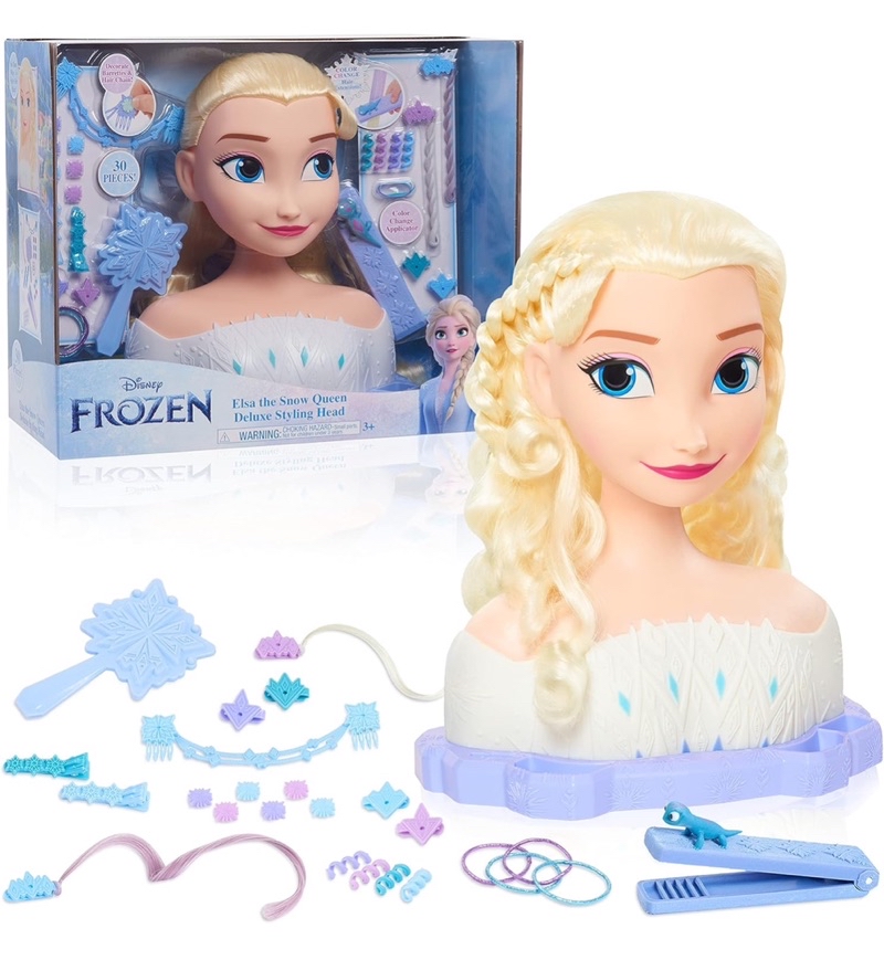 Disney Frozen Deluxe Elsa Styling Head, Blonde Hair, 30 Piece Pretend ...