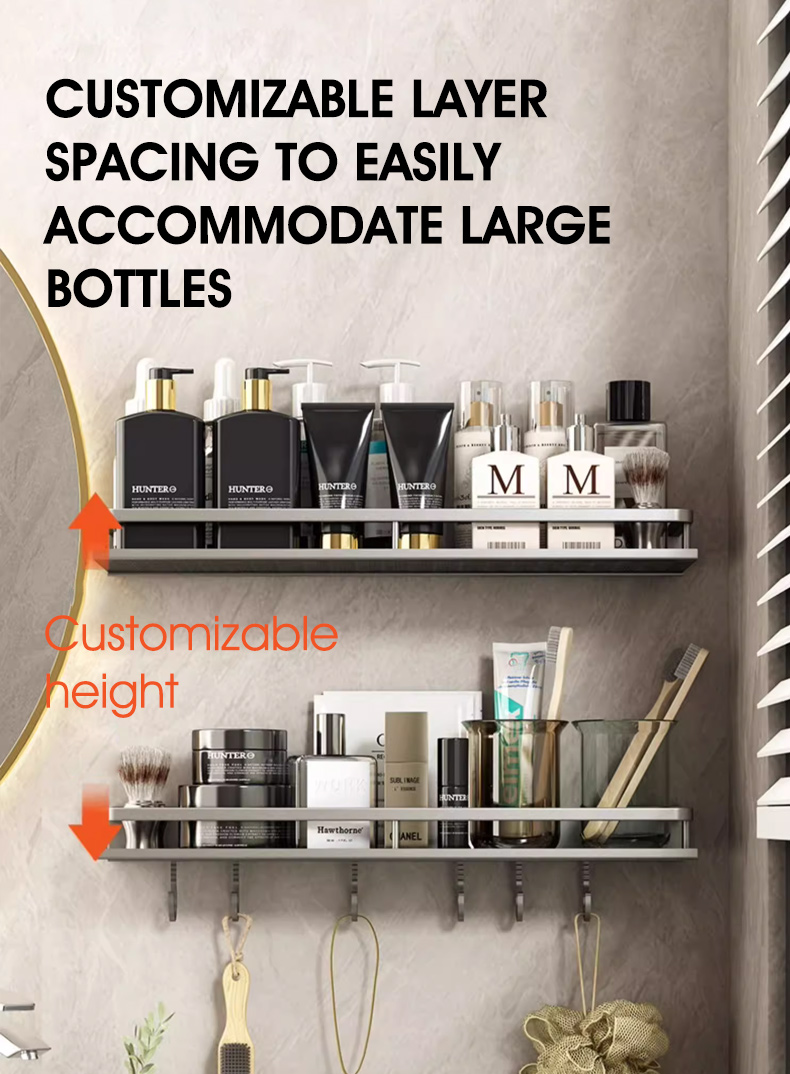 HXR 2-Tier Aluminum Bathroom Storage Rack Wall Mounted | With Hooks ...