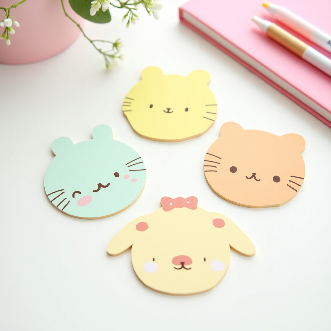 Kawaii Sticky Notes Set | 4Colors Combo | Cartoon Animals & Pastel ...
