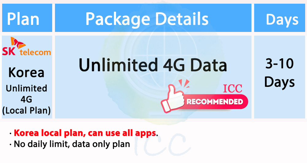 ICC_Korea Sim Card 4-30 Days Unlimited Data SIM(SK Telecom)/South Korea ...