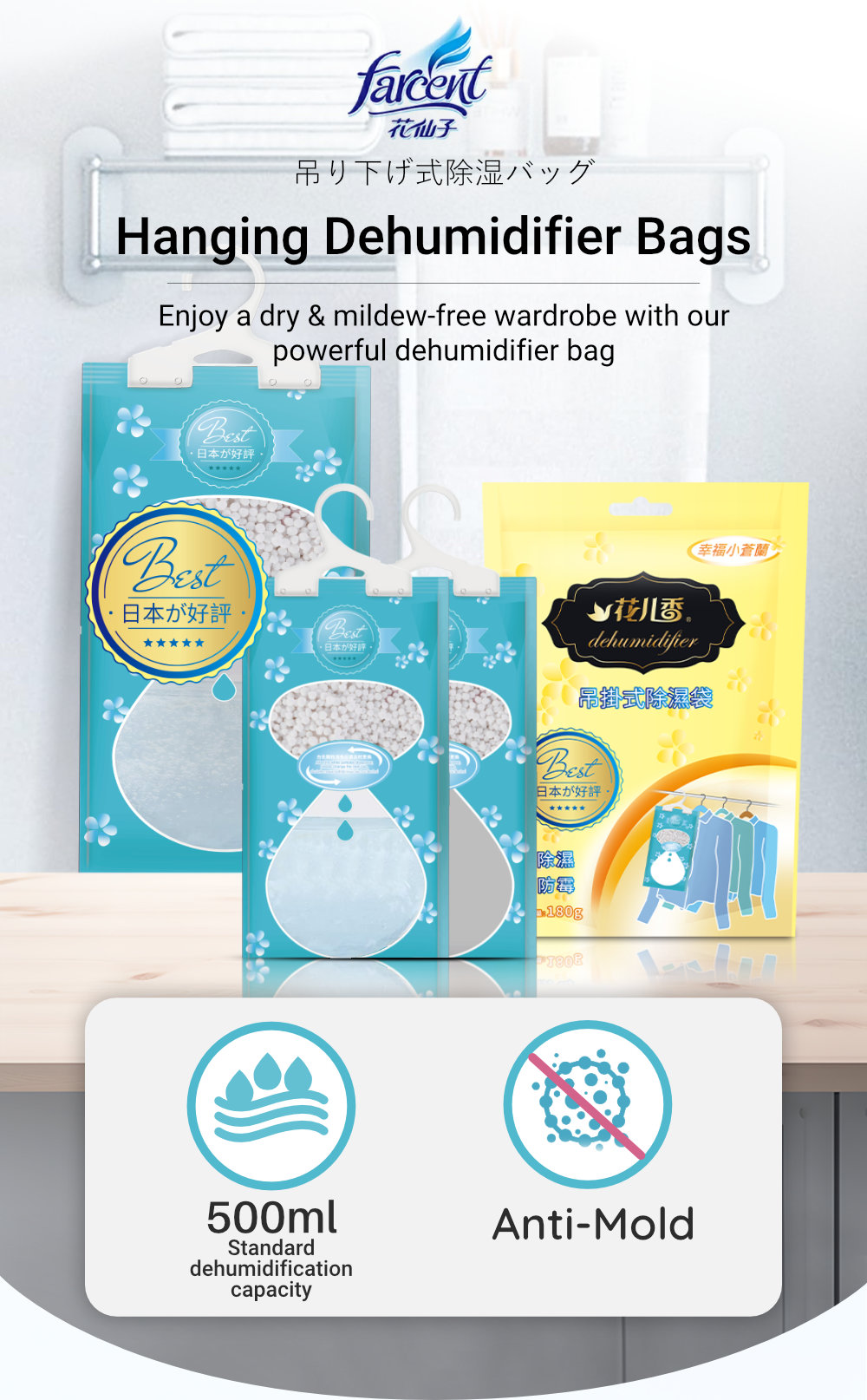 [4Packs/set]Farcent Hanging Dehumidifier Bag 500ml Standard Moisture Absorption Capacity for ...