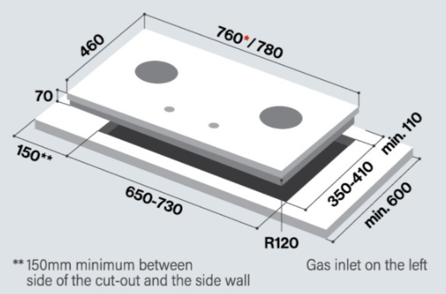RINNAI RH-S309-GBR-T SLIMLINE HOOD + RB-782S 2 BURNER BUILT-IN HOB STAINLESS STEEL TOP PLATE ...