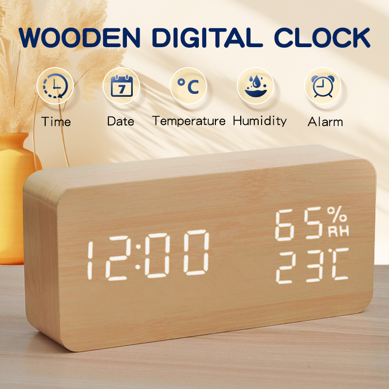 HXR Wooden Digital Clock With Led Light Battery Operated Table Time ...