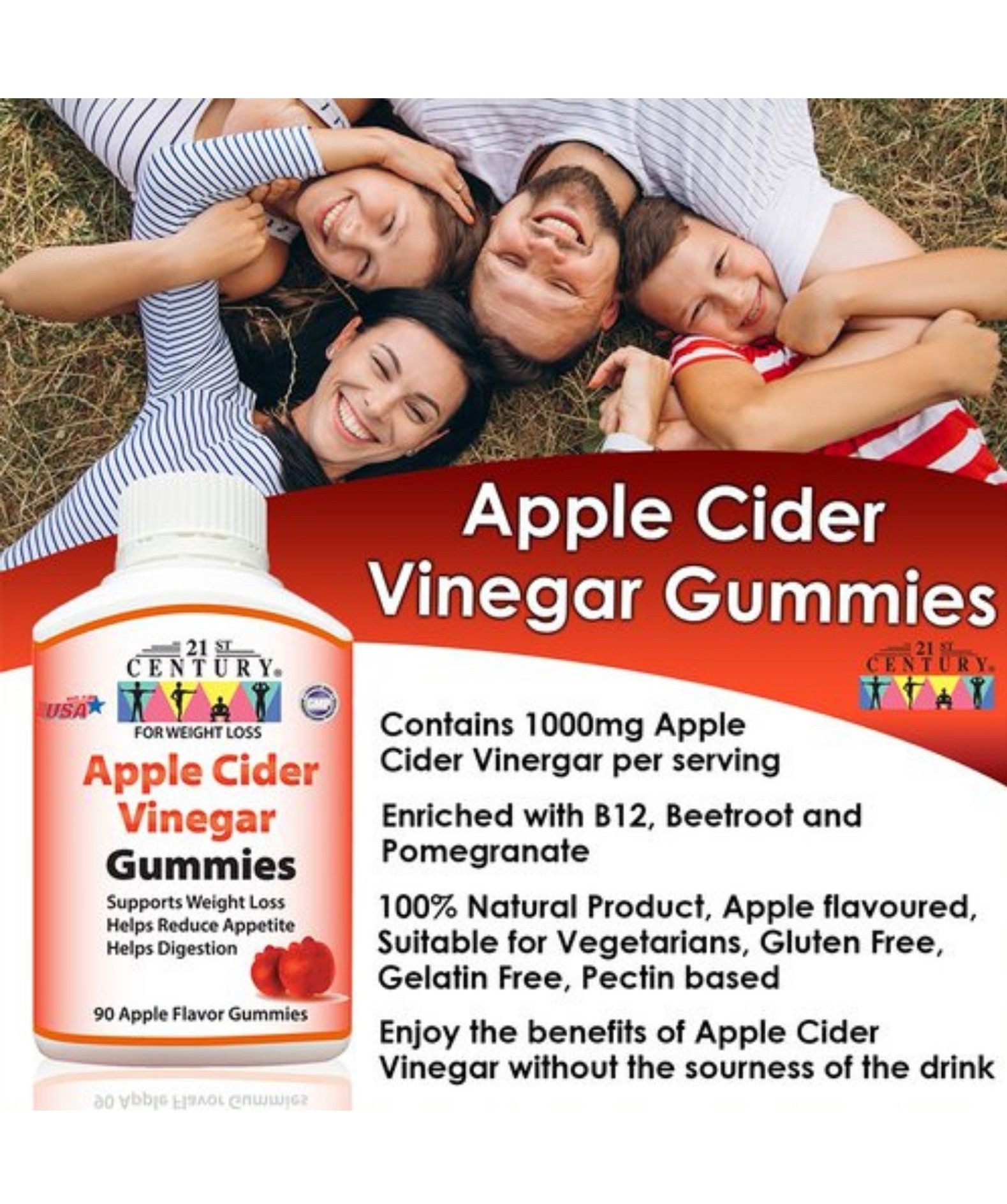 21ST CENTURY Apple Cider Vinegar Gummies Apple Flavour Vegetarian ...
