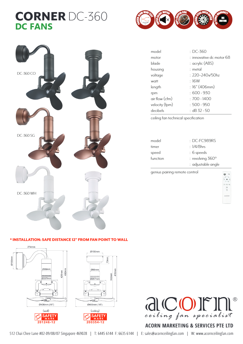 Acorn DC360 16" Smart Corner Fan with 360-Degree Oscillation + Remote ...