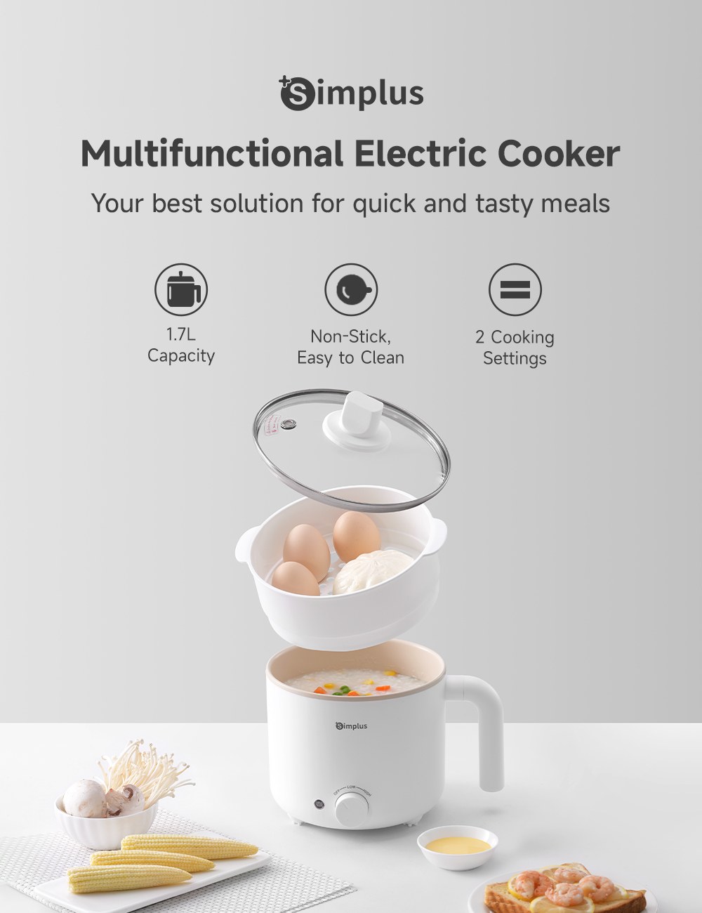 Simplus 1.7L Electric Cooker | 630W Quick Heating | Non-Stick Coating ...