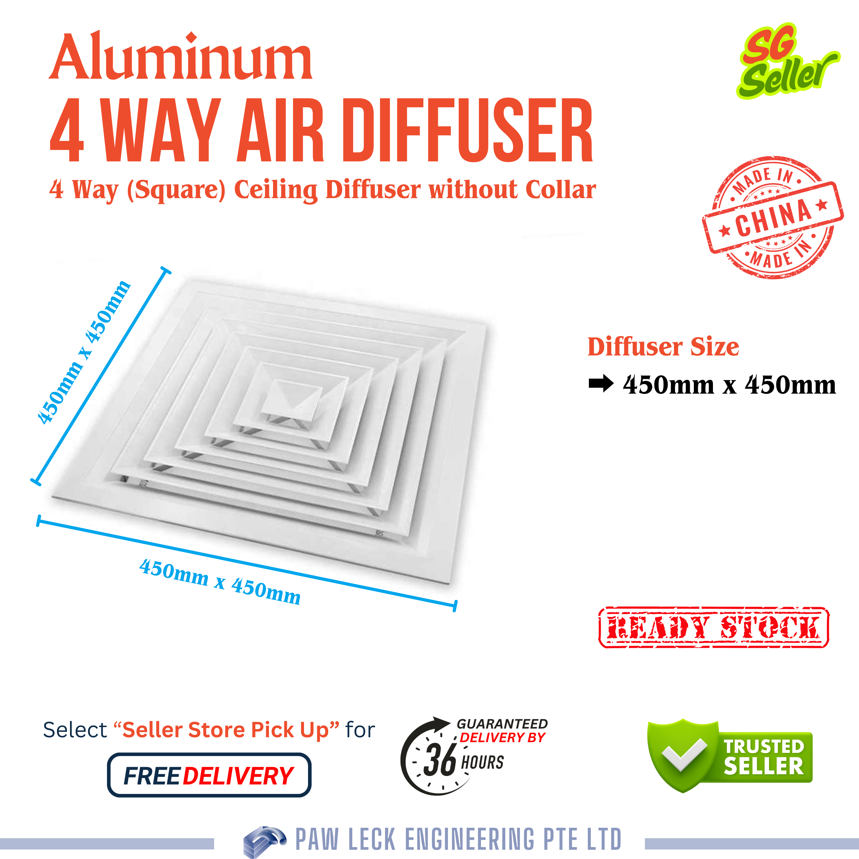 4 Way Diffuser WITHOUT Collar Square Pawleck Ceiling Diffuser for #HVAC ...