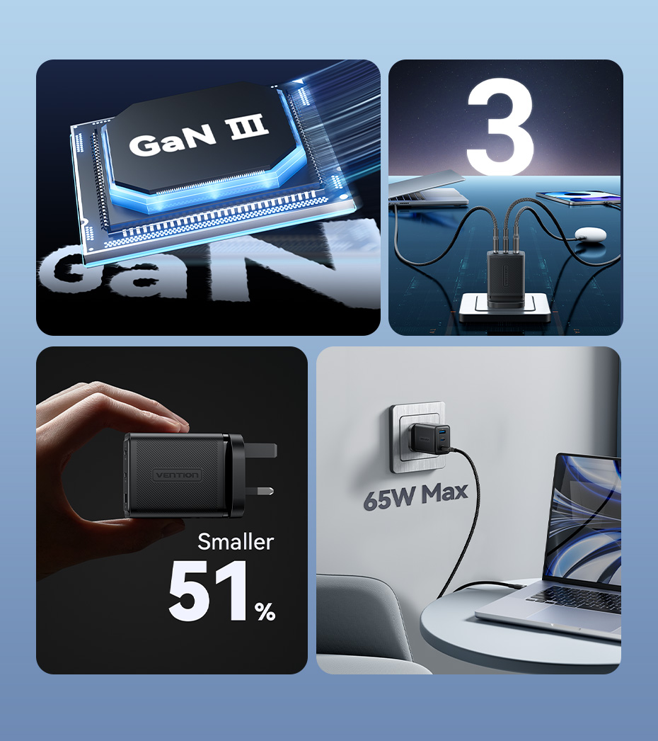 Vention 65W GaN Charger UK Plug 3 Ports Turbo Charging Power Adapter ...