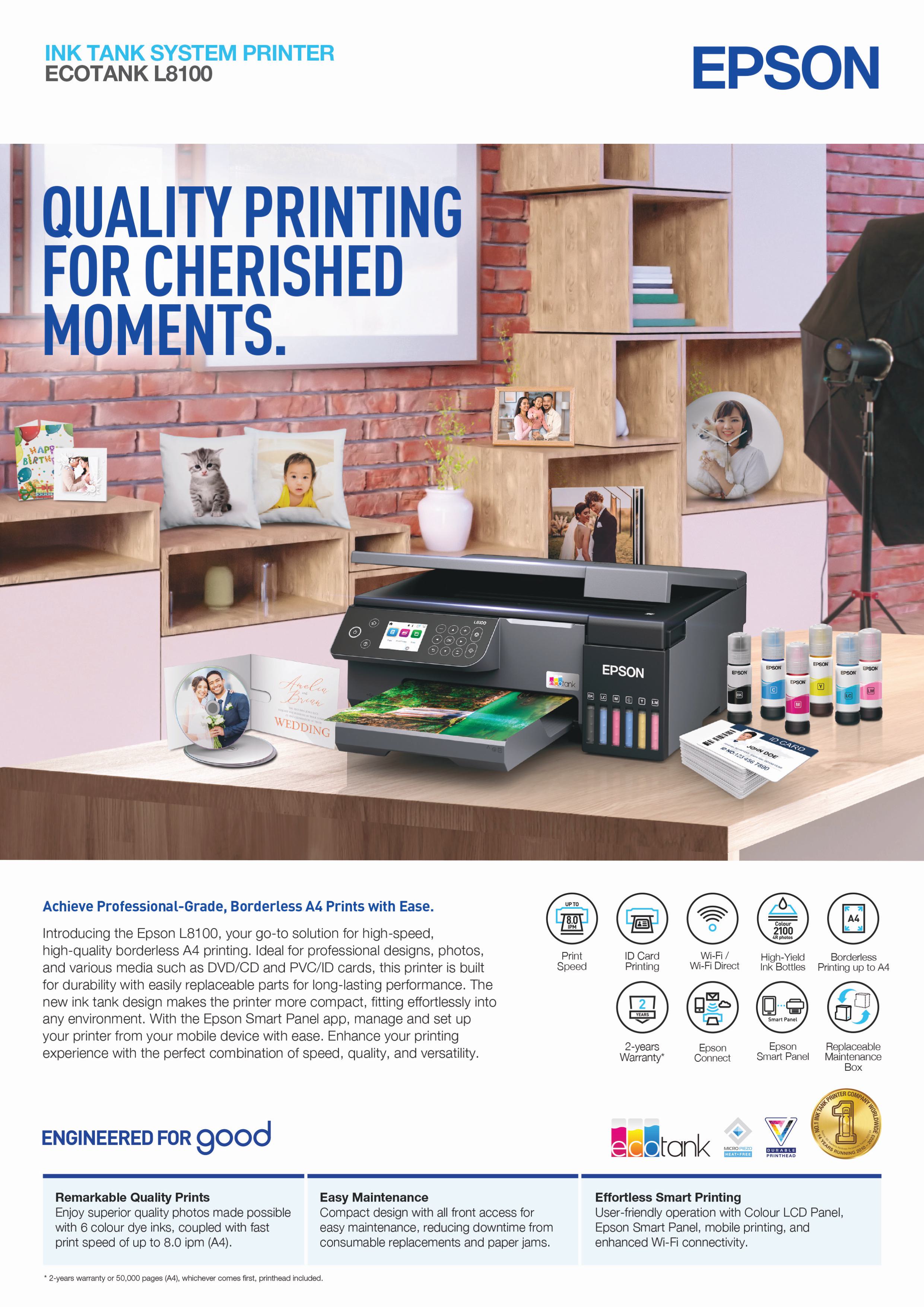 Epson EcoTank L8100 6-colour Ink Tank Photo Printer (PVC/ID card, CD ...