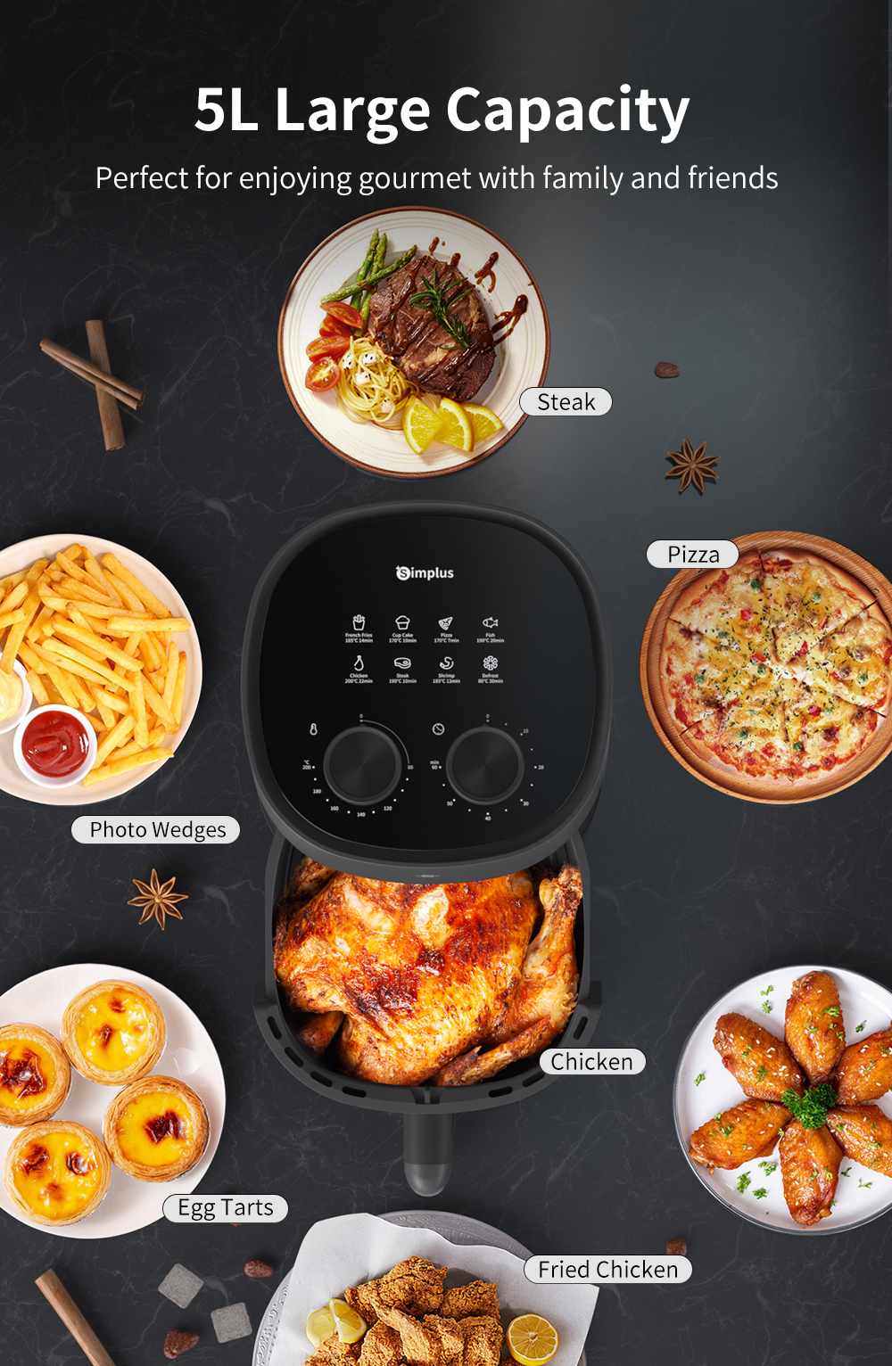 Simplus 5L 1400W Air Fryer Large Capacity Viewable Multi-functional Micro-steam Function GEN-S ...