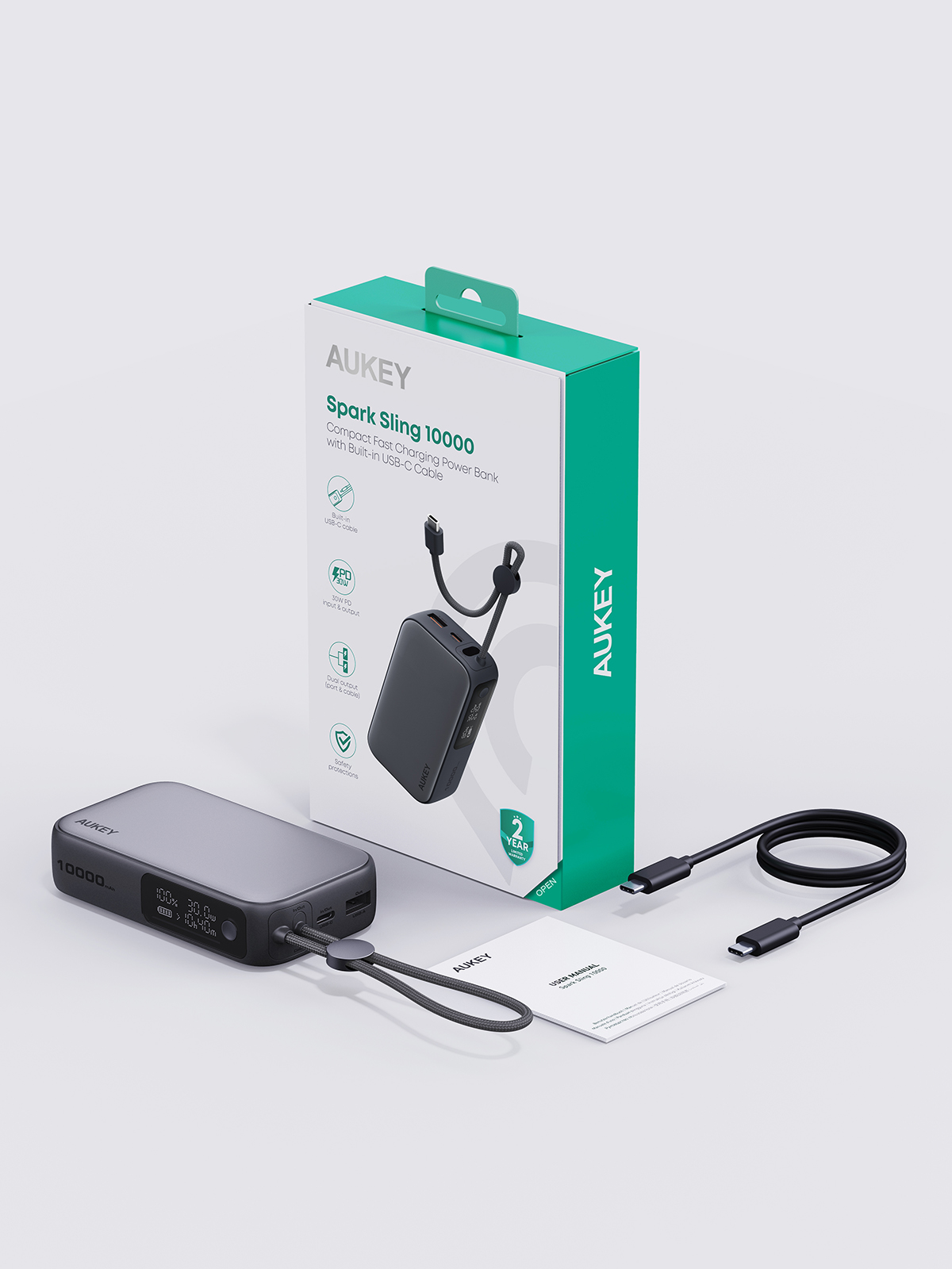 Aukey PB-Y47 Spark Sling 10000mAh 30W Powerbank w Built-in USB-C Cable ...