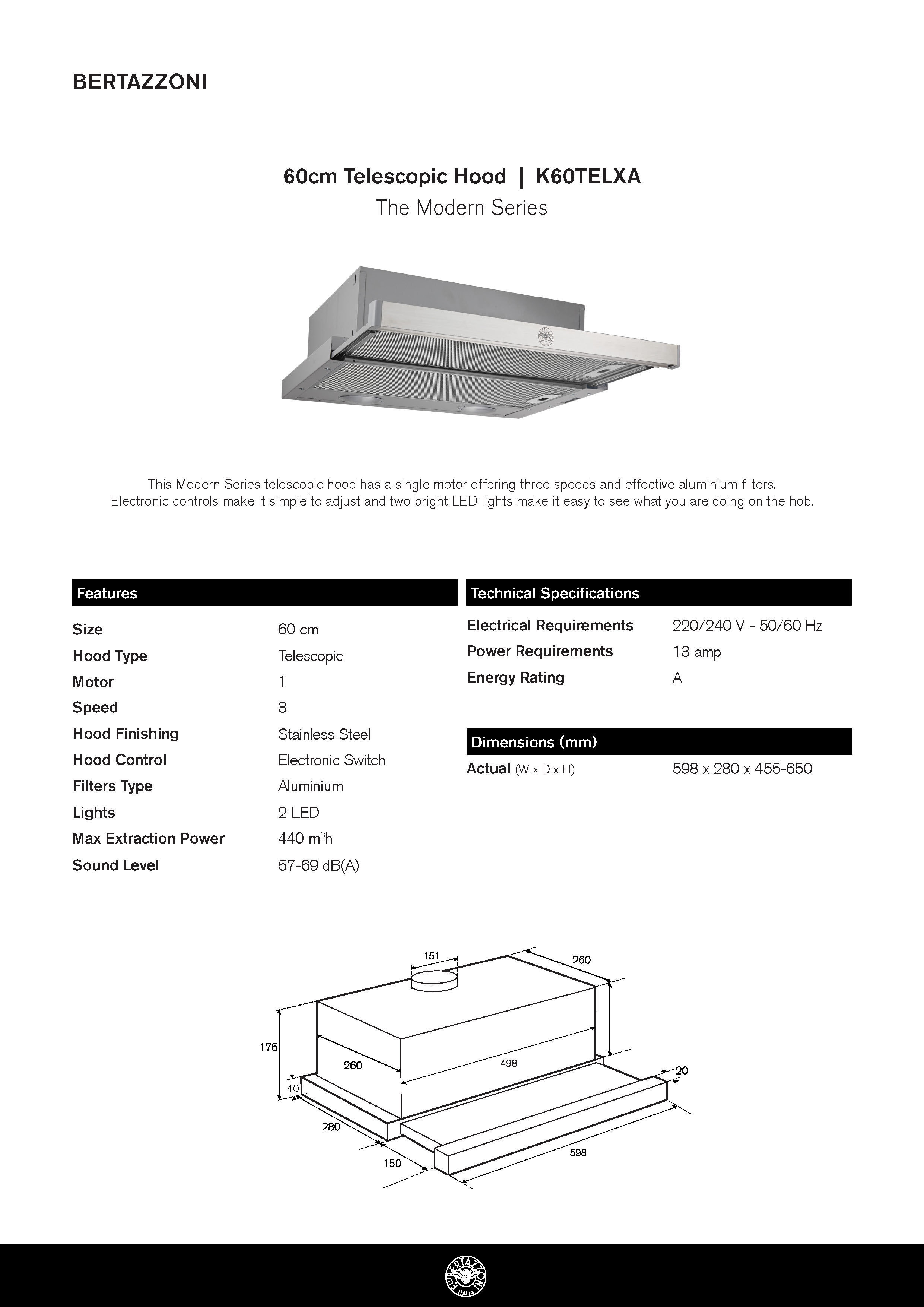 Bertazzoni K60TELXA 60cm Telescopic Hood | Shopee Singapore
