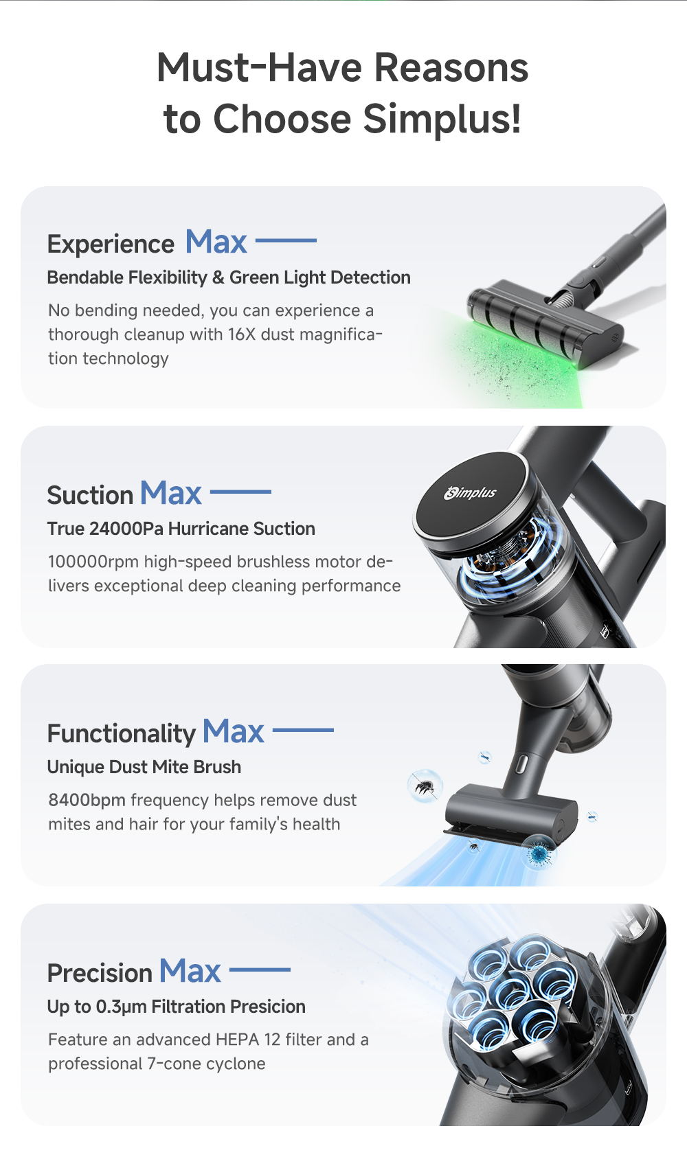 Simplus Kit Vacuum Cleaner丨27,000Pa丨Green Light Detection丨Bendable丨 ...